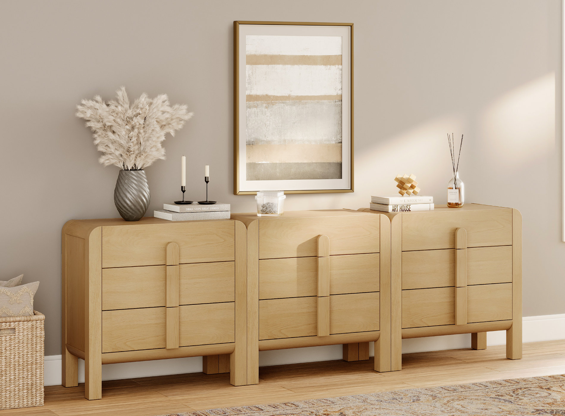 Ebern Designs Adora 3 In 1 Wood Accent Cabinet With Drawers, 94.5" Modern Credenza Storage ...